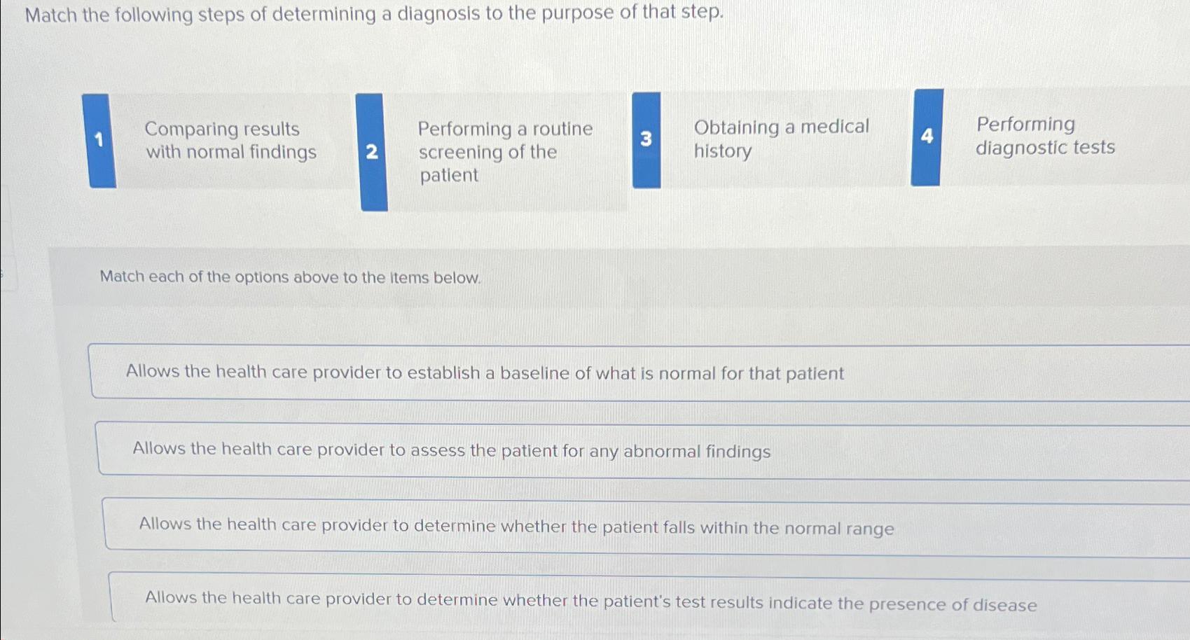 Solved Match the following steps of determining a diagnosis | Chegg.com