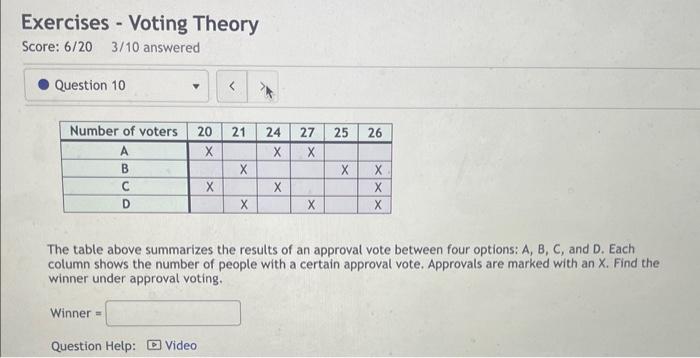 Solved Exercises - Voting Theory Score: 6/203/10 answered | Chegg.com Solved Exercises - Voting Theory Score: 6/203/10 answered | Chegg.com