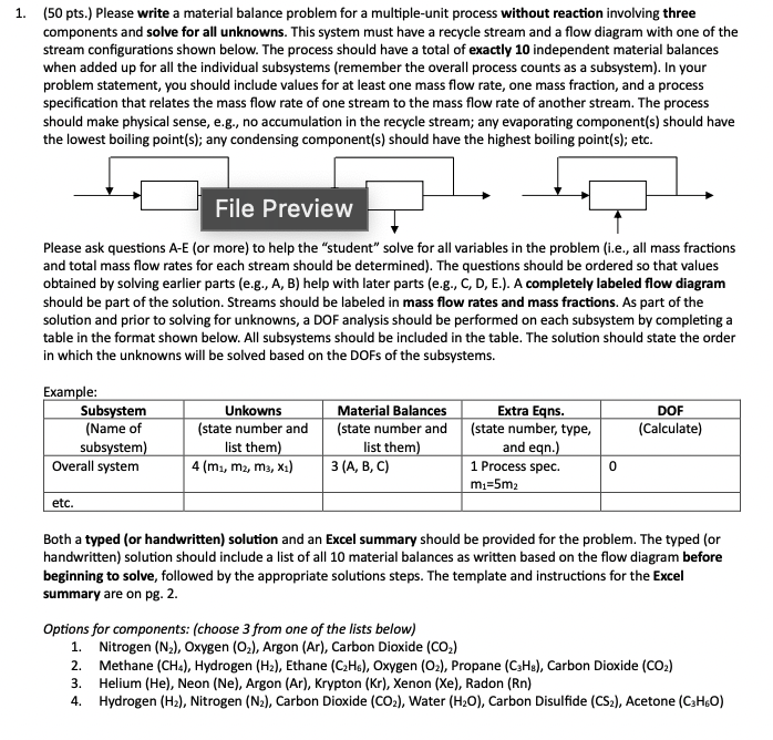 Solved (50 ﻿pts.) ﻿Please write a material balance problem | Chegg.com