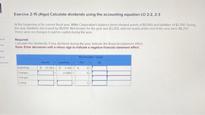 Solved Exercise 2-15 (Algo) Calculate dividends using the | Chegg.com