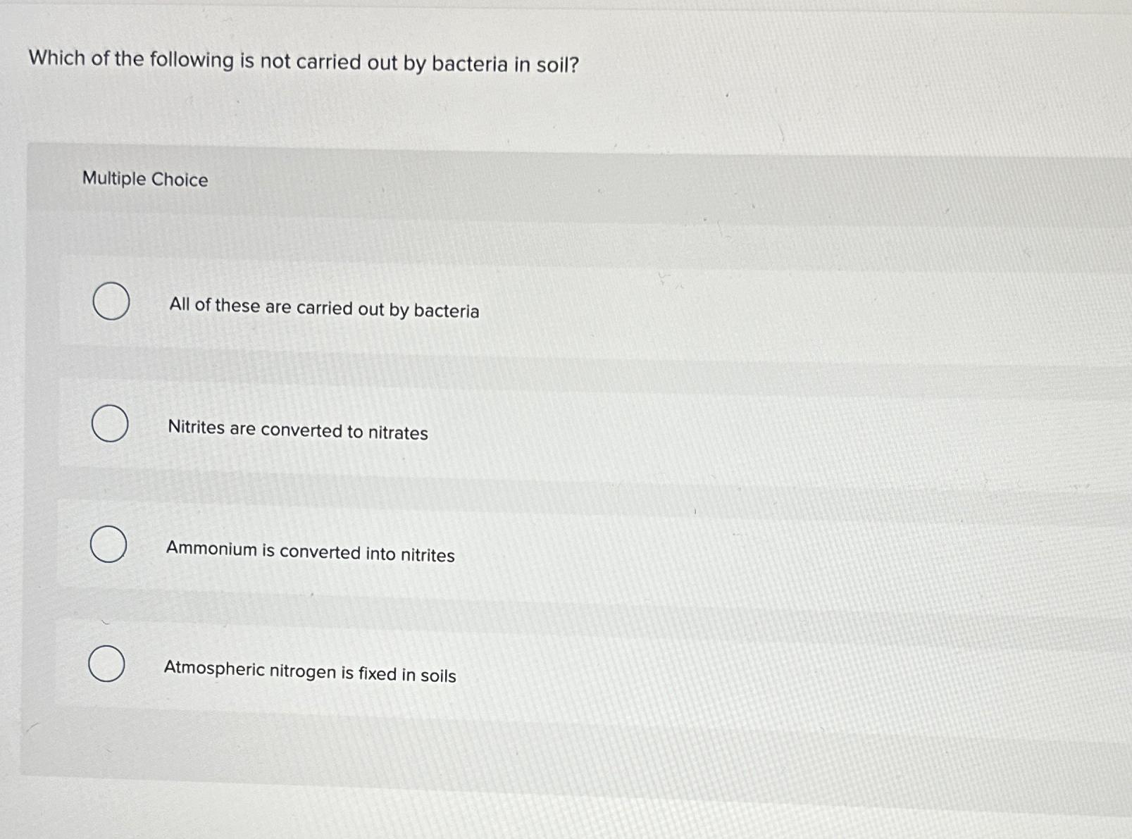 Solved Which of the following is not carried out by bacteria | Chegg.com