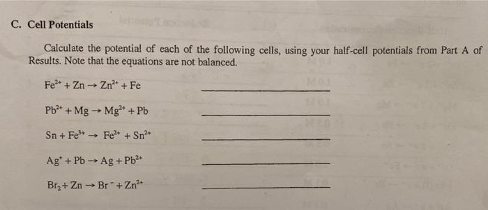 Solved C. Cell Potentials Calculate the potential of each of | Chegg.com