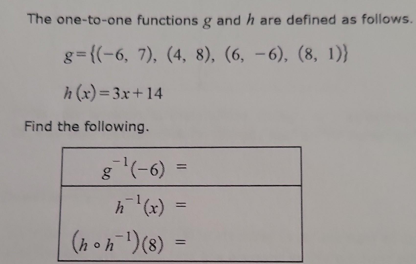 Solved The one-to-one functions g and h are defined as | Chegg.com