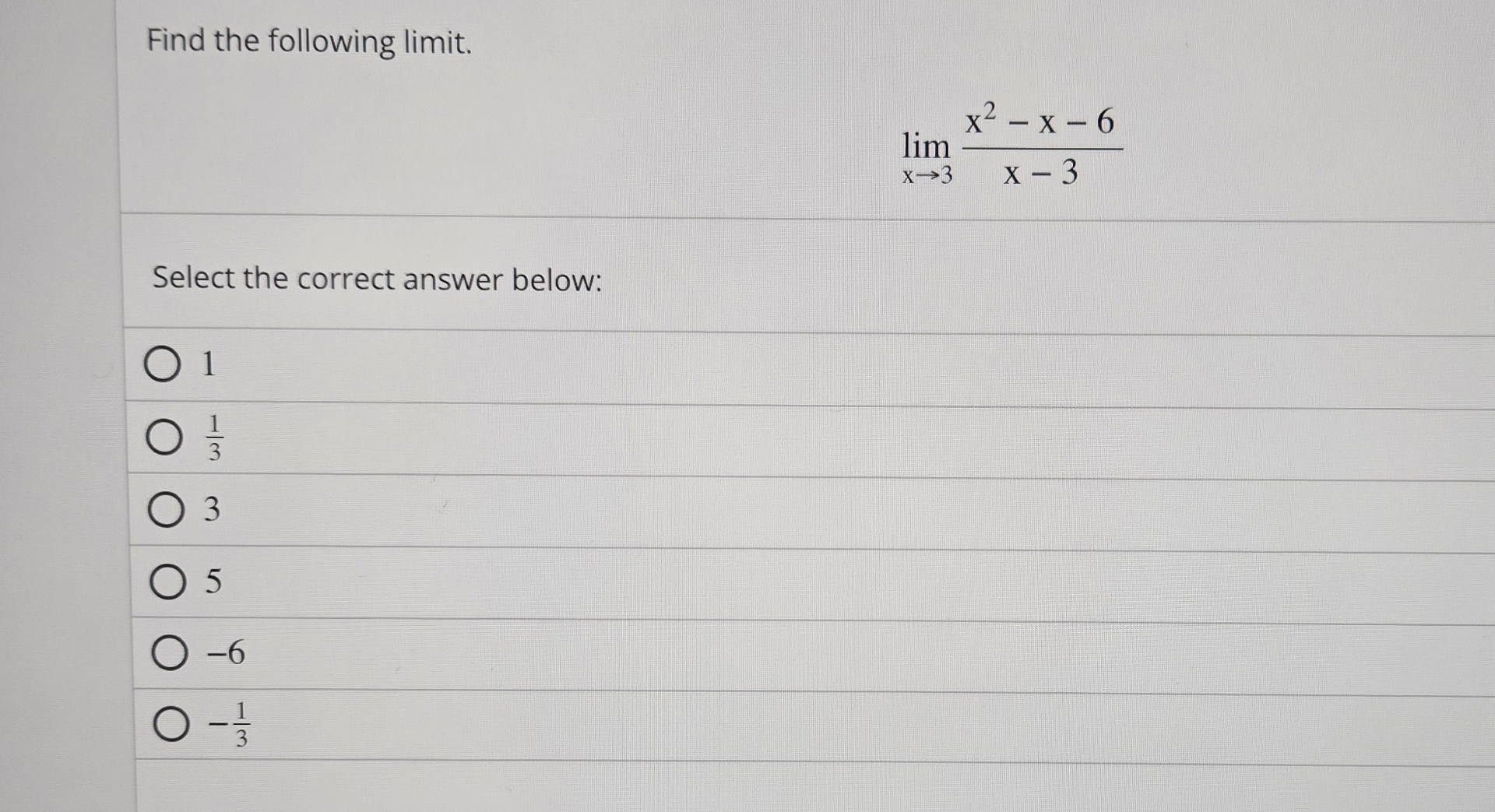 Solved Find the following limit.limx→3x2-x-6x-3Select the | Chegg.com