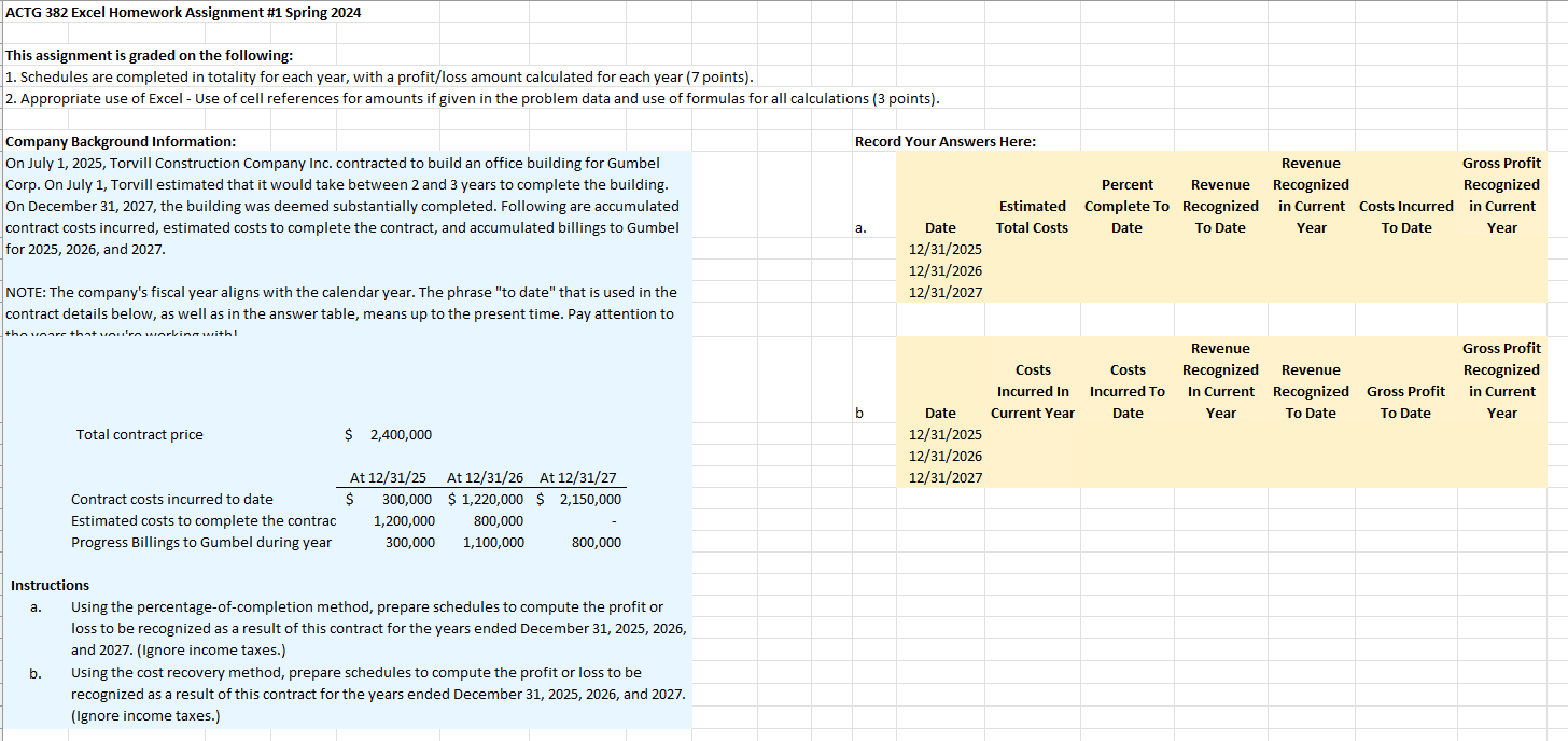 Solved ACTG 382 ﻿Excel Homework Assignment #1 ﻿Spring | Chegg.com