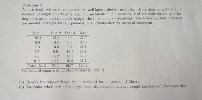 Solved Problem 2 A nutritionist wishes to compare three | Chegg.com