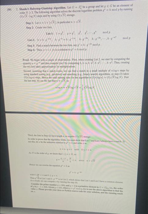 Solved (50) 2. Shanks Babystep-Glantstep Algorithm. Let Go | Chegg.com
