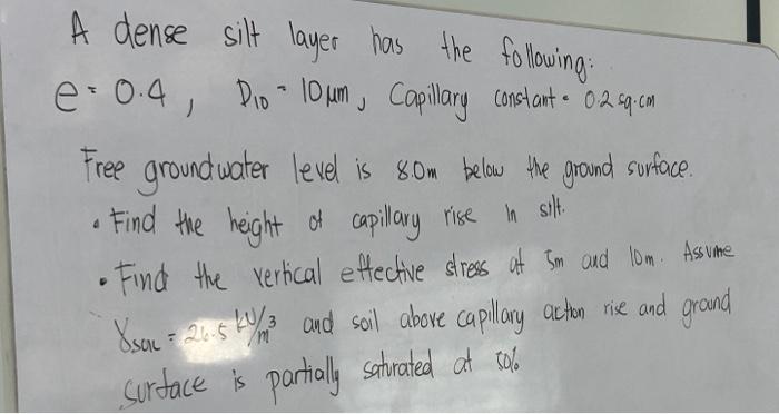 Solved A dense silt layer has the following: e=0.4,D10=10 | Chegg.com
