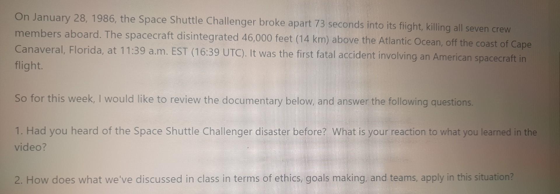Solved On January 28, 1986, the Space Shuttle Challenger | Chegg.com
