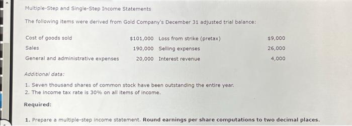 Solved Multiple-Step and Single-Step Income Statements. The | Chegg.com