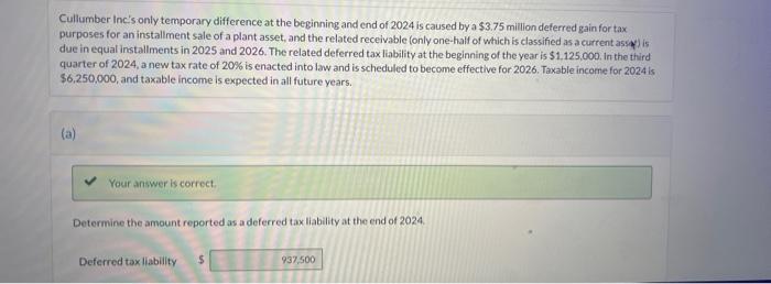 Solved Cullumber Inc's only temporary difference at the | Chegg.com