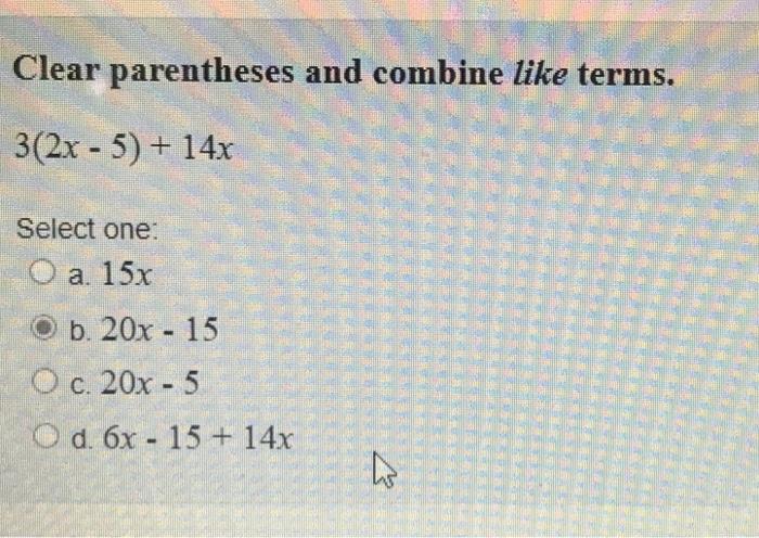 Solved Clear parentheses and combine like terms. \\[ 3(2 | Chegg.com