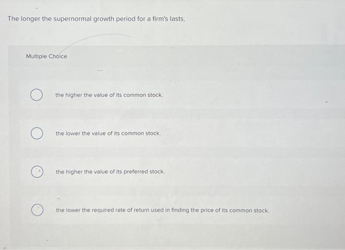 Solved The longer the supernormal growth period for a firm's | Chegg.com