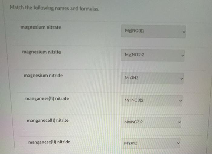 Solved Match the following names and formulas. magnesium | Chegg.com