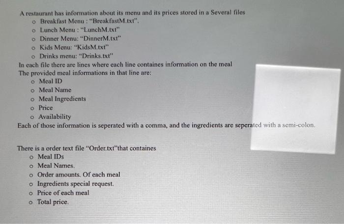 Solved A restaurant has infomation about its menu and its | Chegg.com