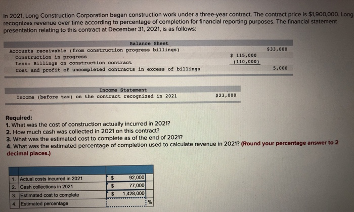 Solved In 2021, Long Construction Corporation began | Chegg.com
