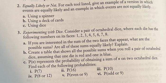 Solved 2. Equally Likely or Not. For each tool listed, give | Chegg.com