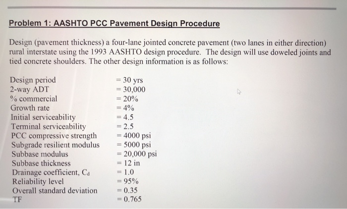 Solved Problem 1: AASHTO PCC Pavement Design Procedure | Chegg.com