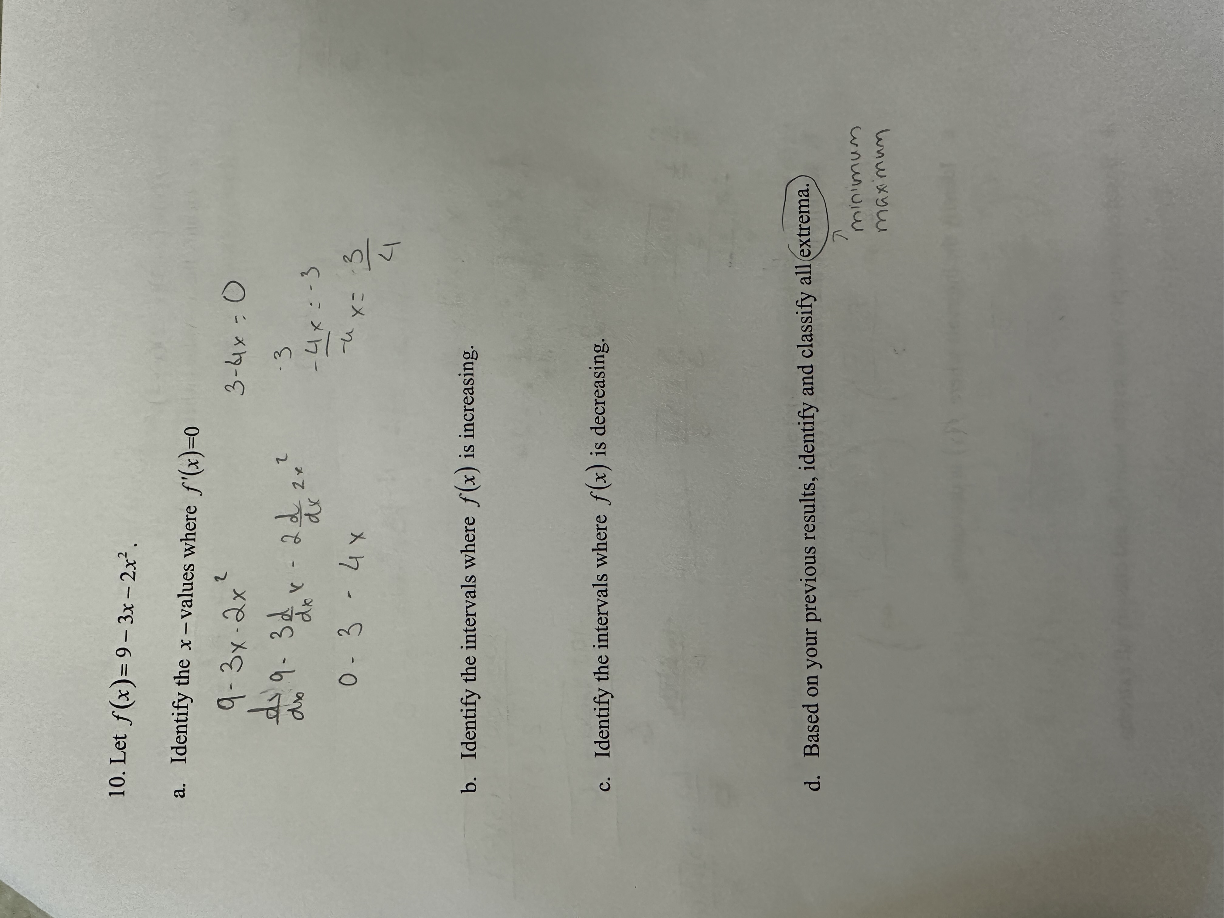 Solved Let f(x)=9-3x-2x2.a. ﻿Identify the x-values where | Chegg.com