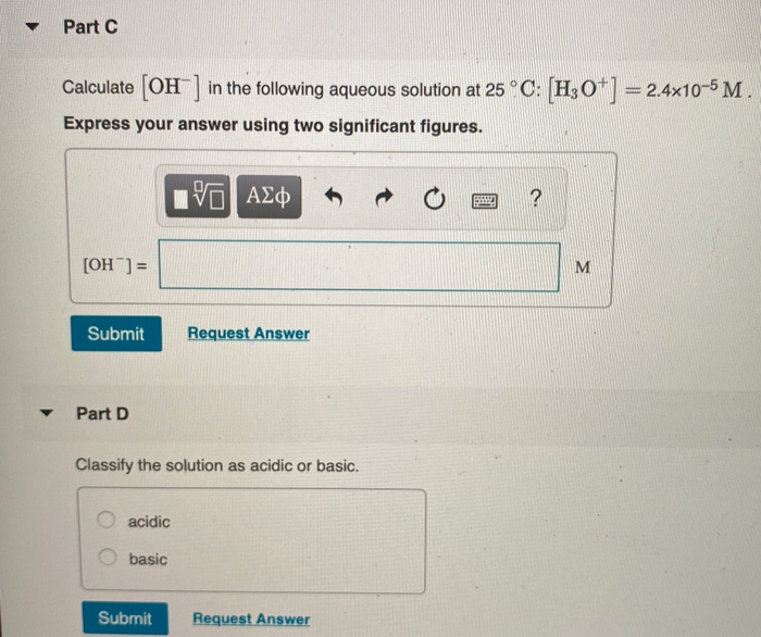 Solved Part A Calculate (OH) in the following aqueous | Chegg.com