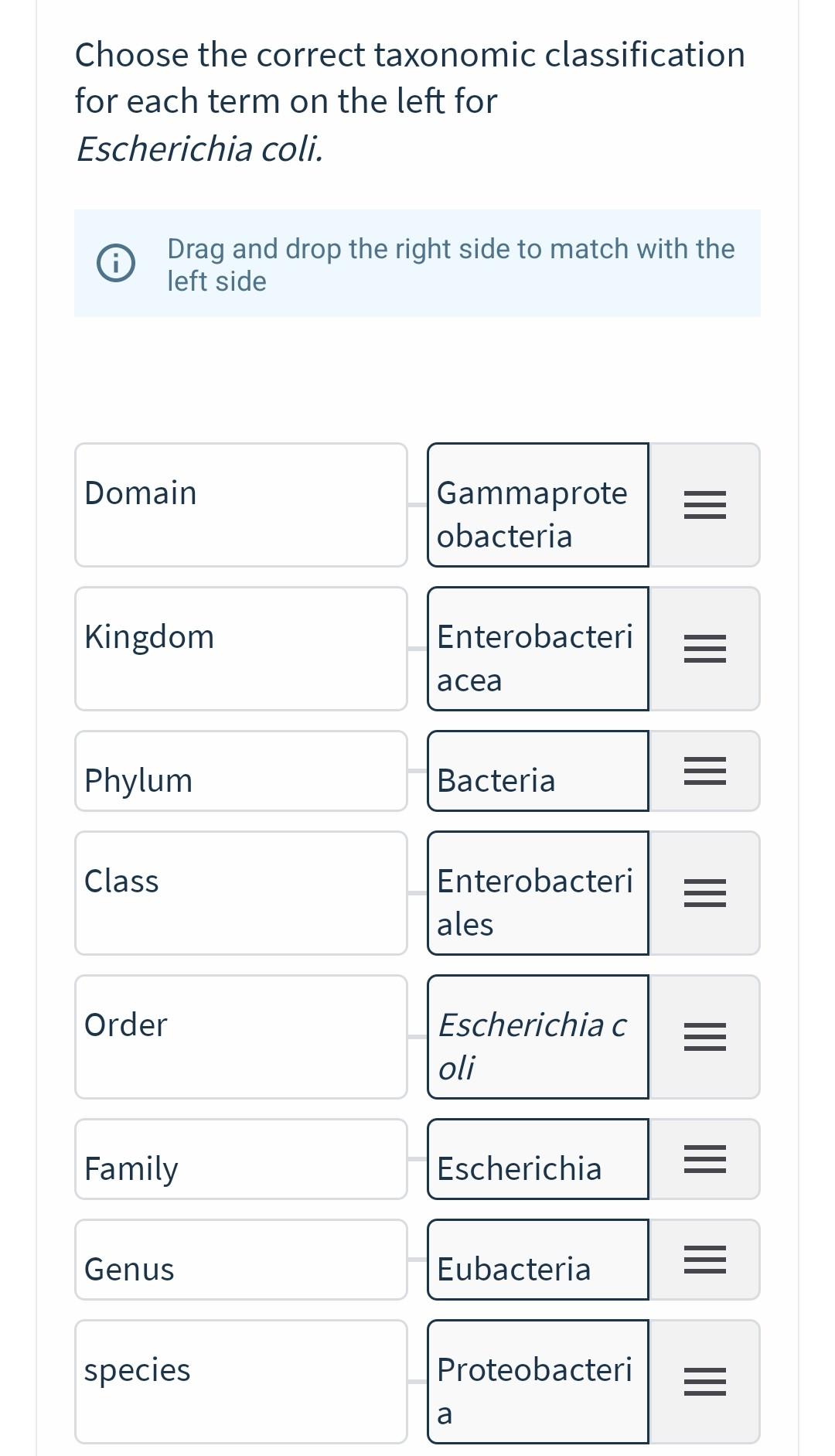 Solved Choose the correct taxonomic classification for each | Chegg.com