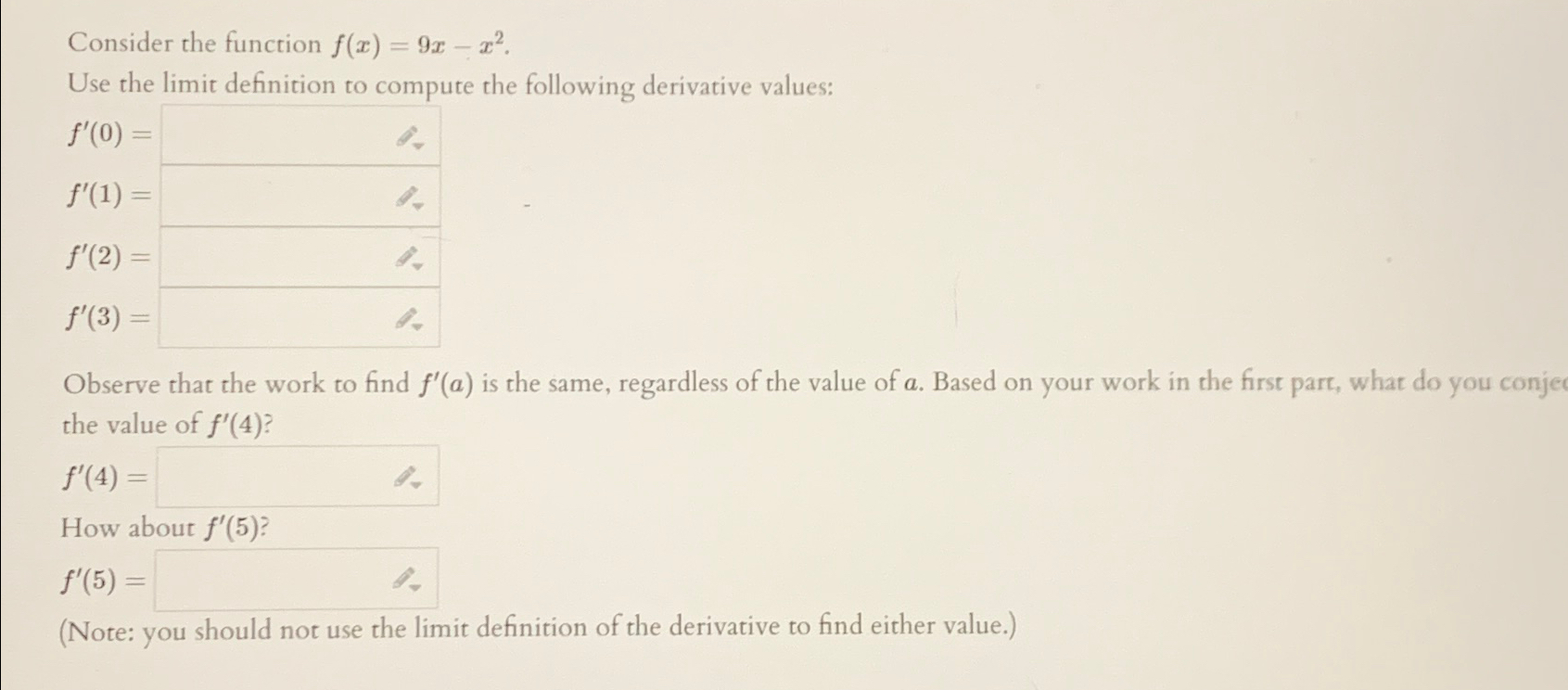 Solved Consider the function f(x)=9x-x2.Use the limit | Chegg.com