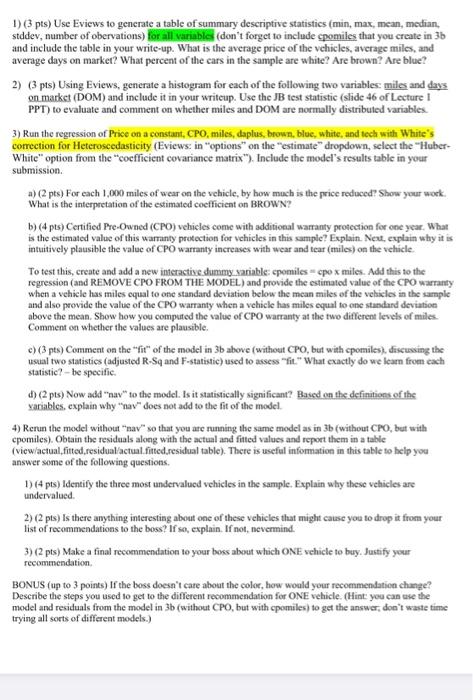 1) (3 pts) Use Eviews to generate a table of summary | Chegg.com