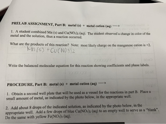 Solved PRELAB ASSIGNMENT, Part B: metal (s) + metal cation | Chegg.com