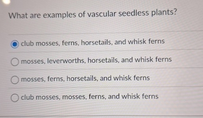 Solved What are examples of vascular seedless plants?club | Chegg.com