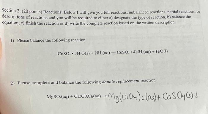 Solved Section 2: (20 points) Reactions! Below I will give | Chegg.com