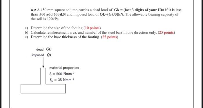 Solved Q.2 A 450 mm square column carries a dead load of Gk | Chegg.com