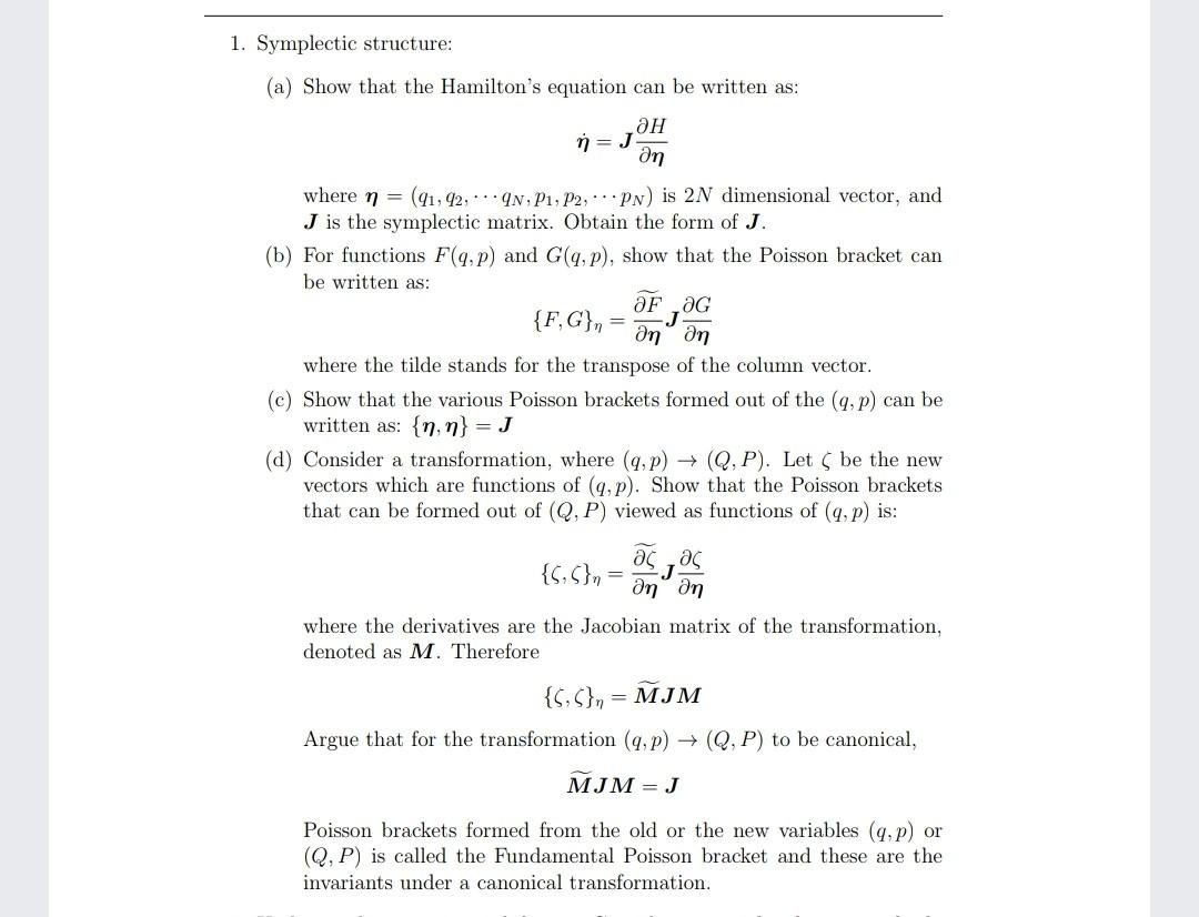 Solved 1. Symplectic structure: (a) Show that the Hamilton's | Chegg.com