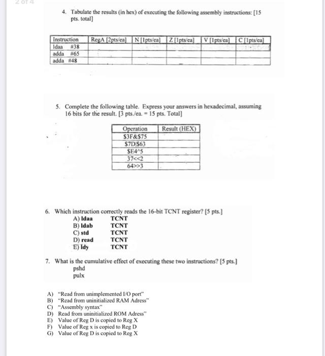 Solved 4. Tabulate the results (in hex) of executing the | Chegg.com