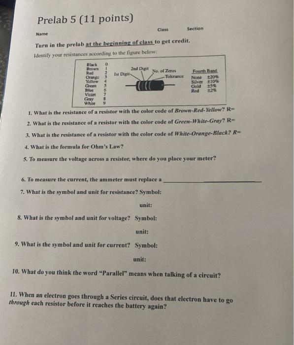 Solved Prelab 5 (11 points) Class Section Name Turn in the | Chegg.com