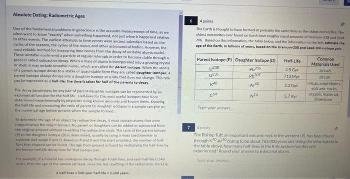 Solved Absolute Dating: Radiometric Ages 64 points One of | Chegg.com
