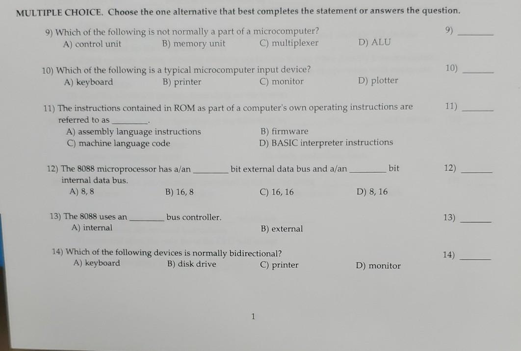 Solved MULTIPLE CHOICE. Choose the one alternative that best | Chegg.com