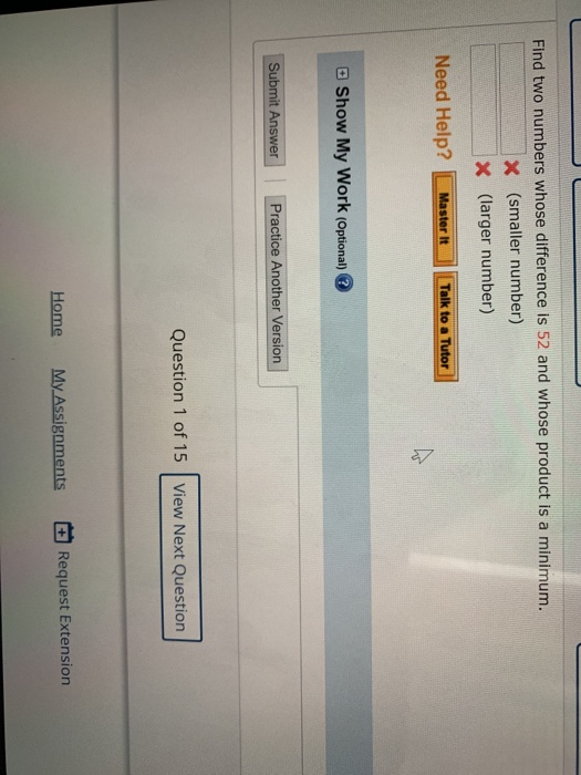 Solved Find two numbers whose difference is 52 and whose | Chegg.com
