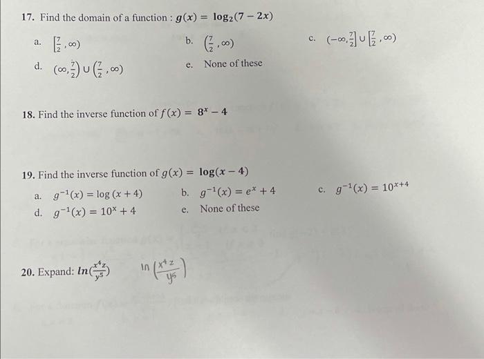 Solved 17. Find the domain of a function : g(x) = log2(7 - | Chegg.com