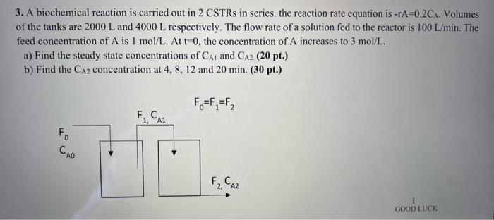 Solved 3. A biochemical reaction is carried out in 2 CSTRs | Chegg.com