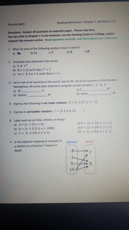 Solved Reading Worksheet-Chapter 1, Sections 1,2,3 Discrete | Chegg.com