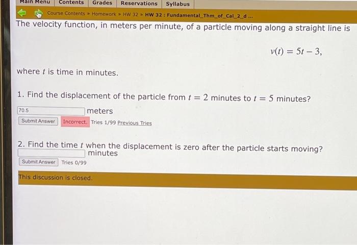 Solved The velocity function, in meters per minute, of a | Chegg.com