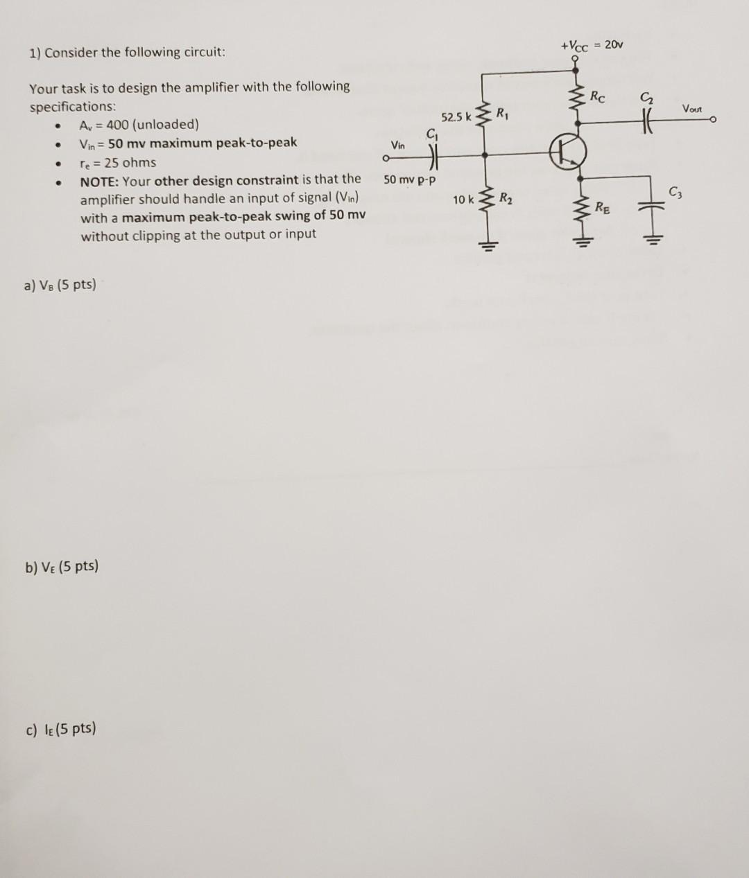 Solved 1) Consider the following circuit: +Vcc = 20v M Rc | Chegg.com