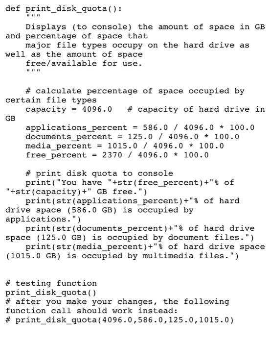 Solved Function print_disk_quota displays the amount of | Chegg.com