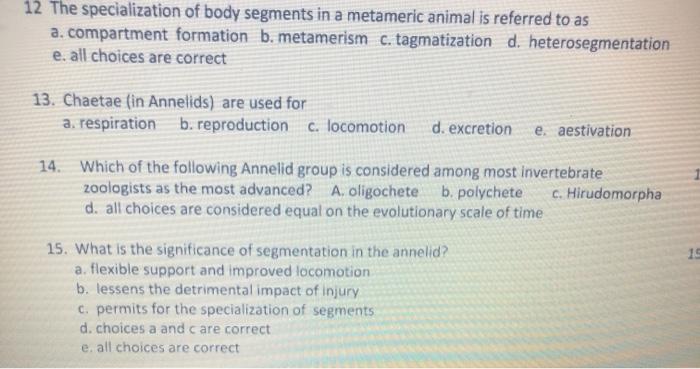 Solved 12 The specialization of body segments in a metameric | Chegg.com