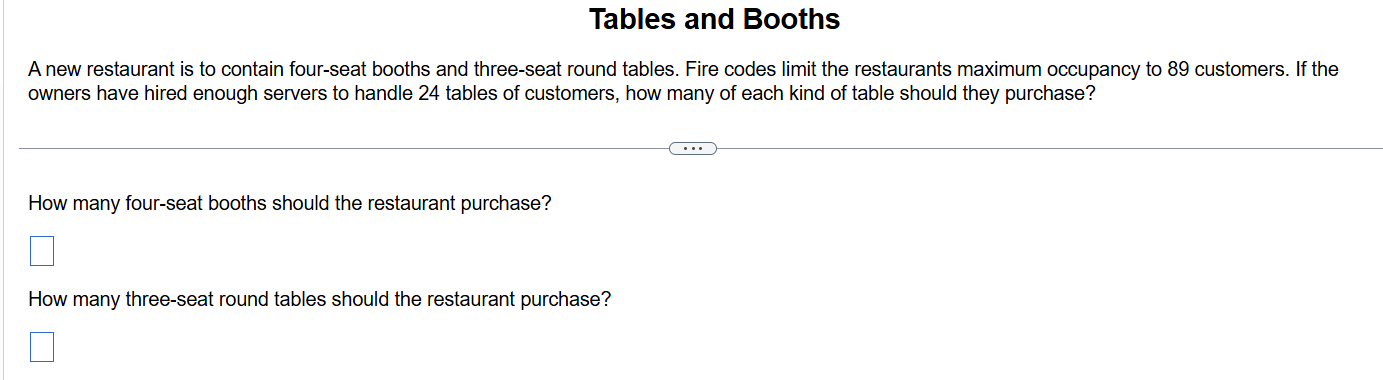 Solved Tables and BoothsA new restaurant is to contain | Chegg.com