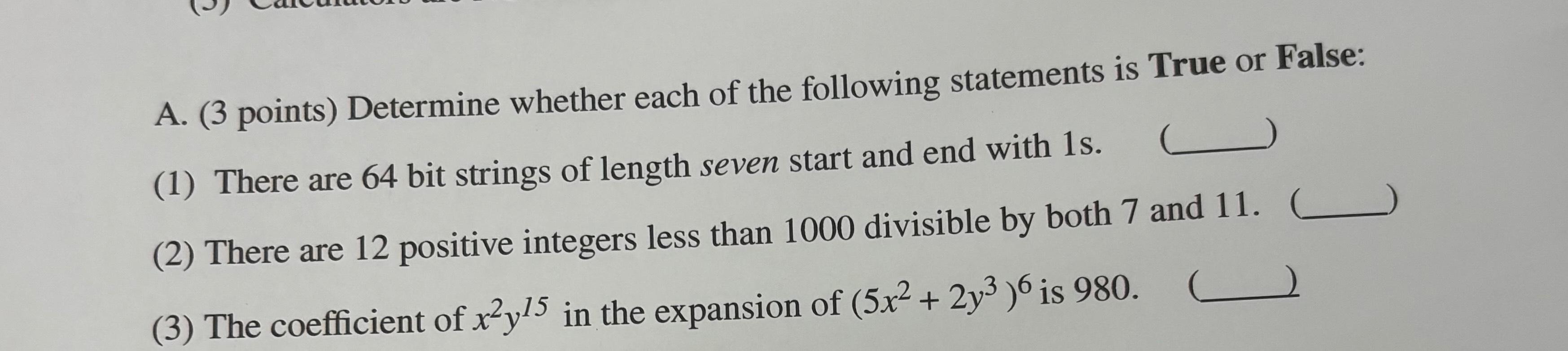 Solved A. (3 ﻿points) ﻿Determine whether each of the | Chegg.com