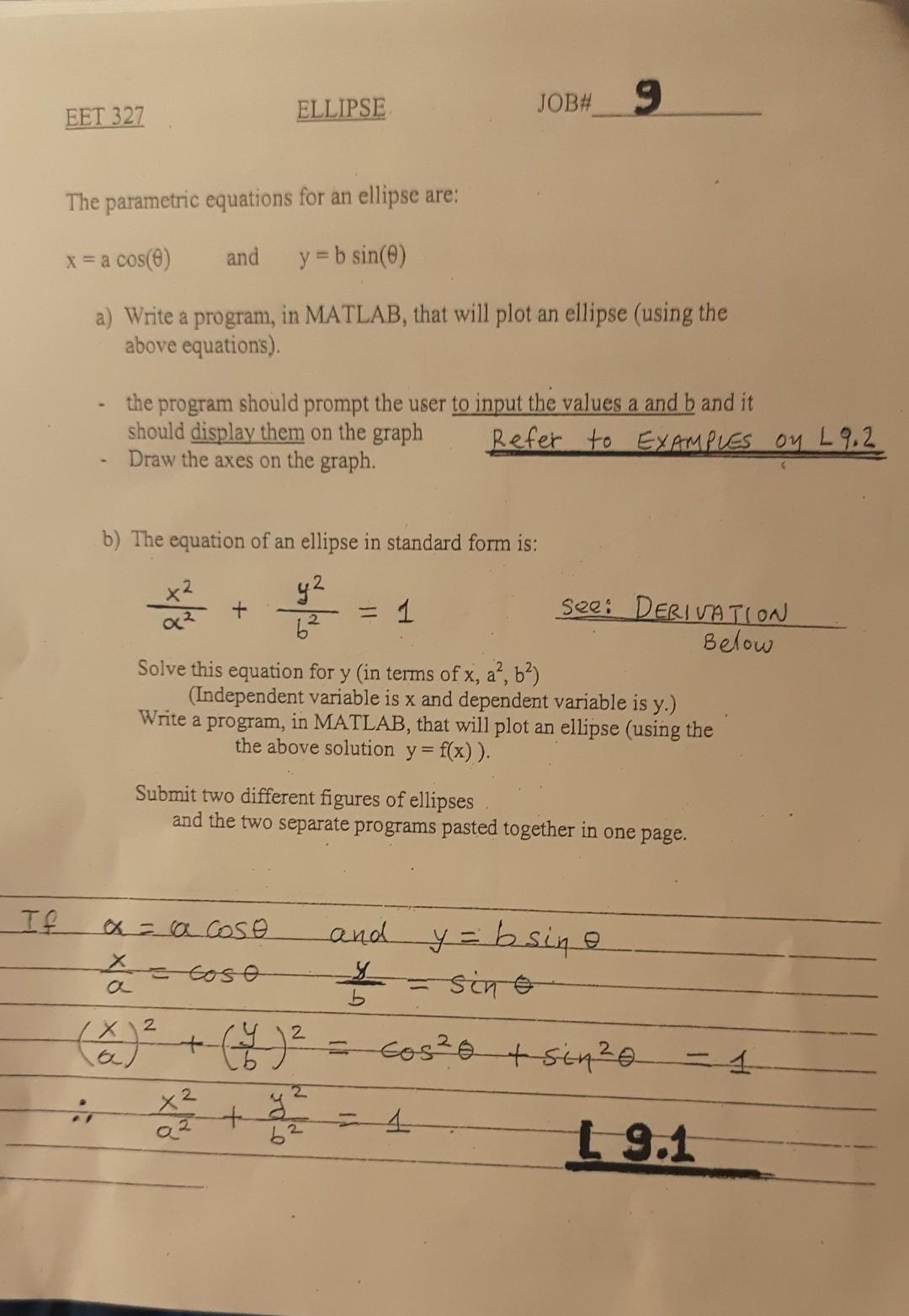 Solved EET 327 ELLIPSE JOB# 9 The parametric equations for | Chegg.com