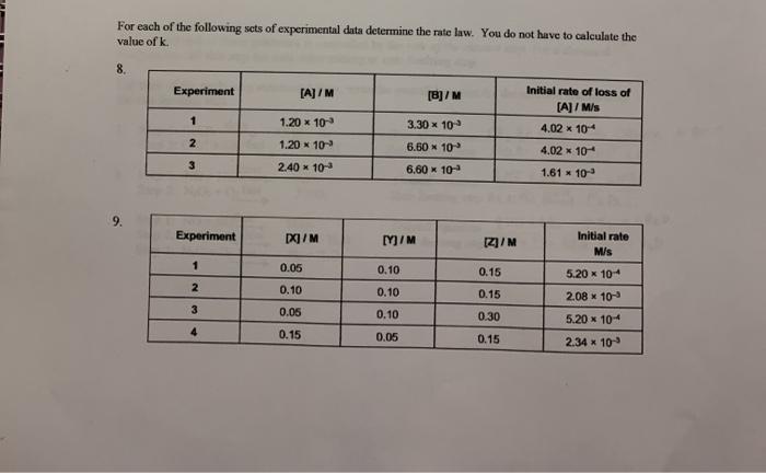Solved For each of the following sets of experimental data | Chegg.com
