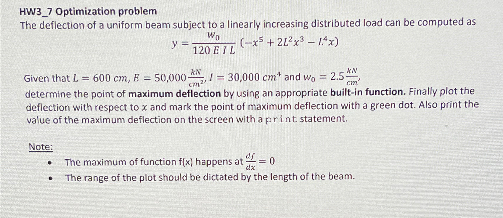 Solved HW3_7 ﻿Optimization problem The deflection of a | Chegg.com