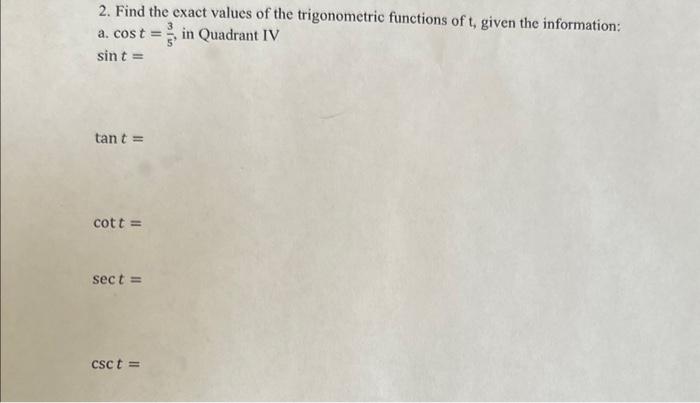 Solved 2. Find the exact values of the trigonometric | Chegg.com